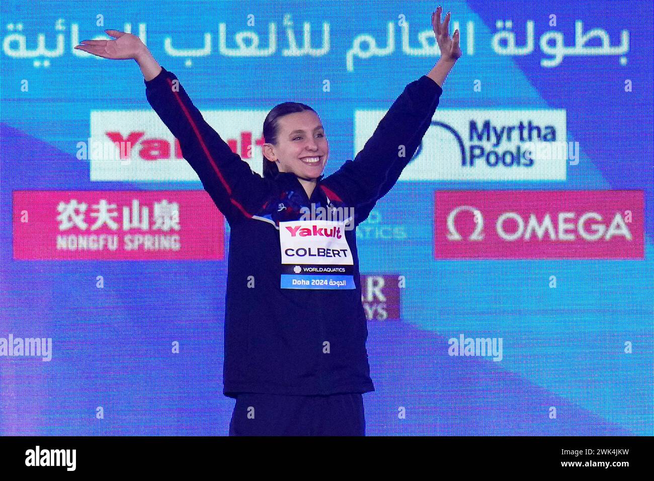 Freya Constance Colbert of Great Britain waves on the podium after ...