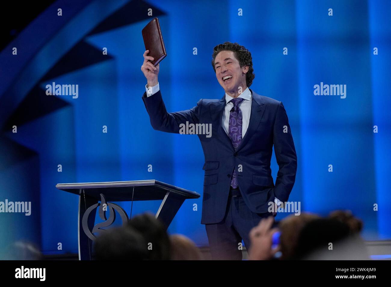 Pastor Joel Osteen preaches during a service Sunday, Feb. 18, 2024, in ...