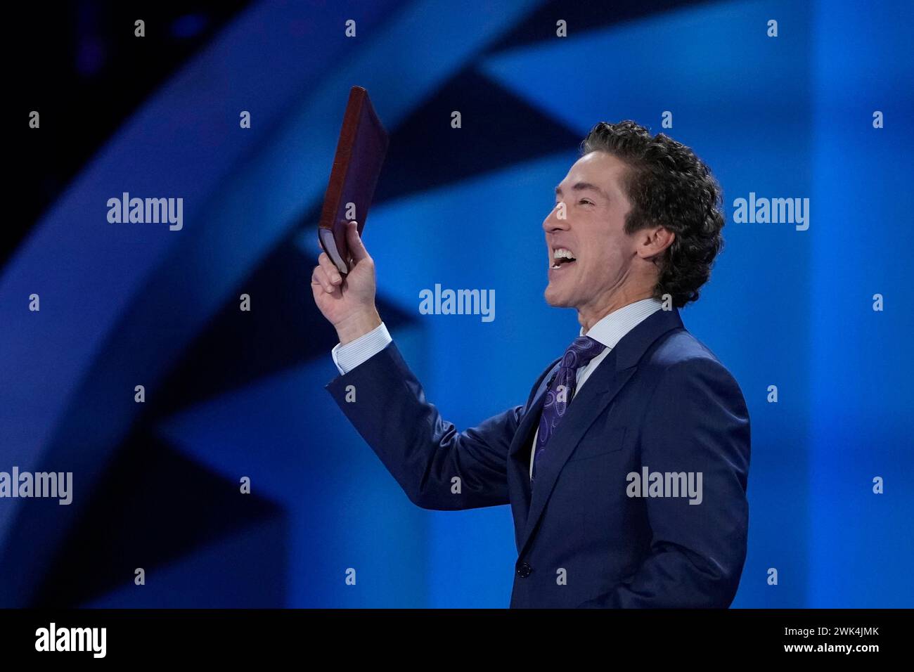Pastor Joel Osteen preaches during a service Sunday, Feb. 18, 2024, in ...