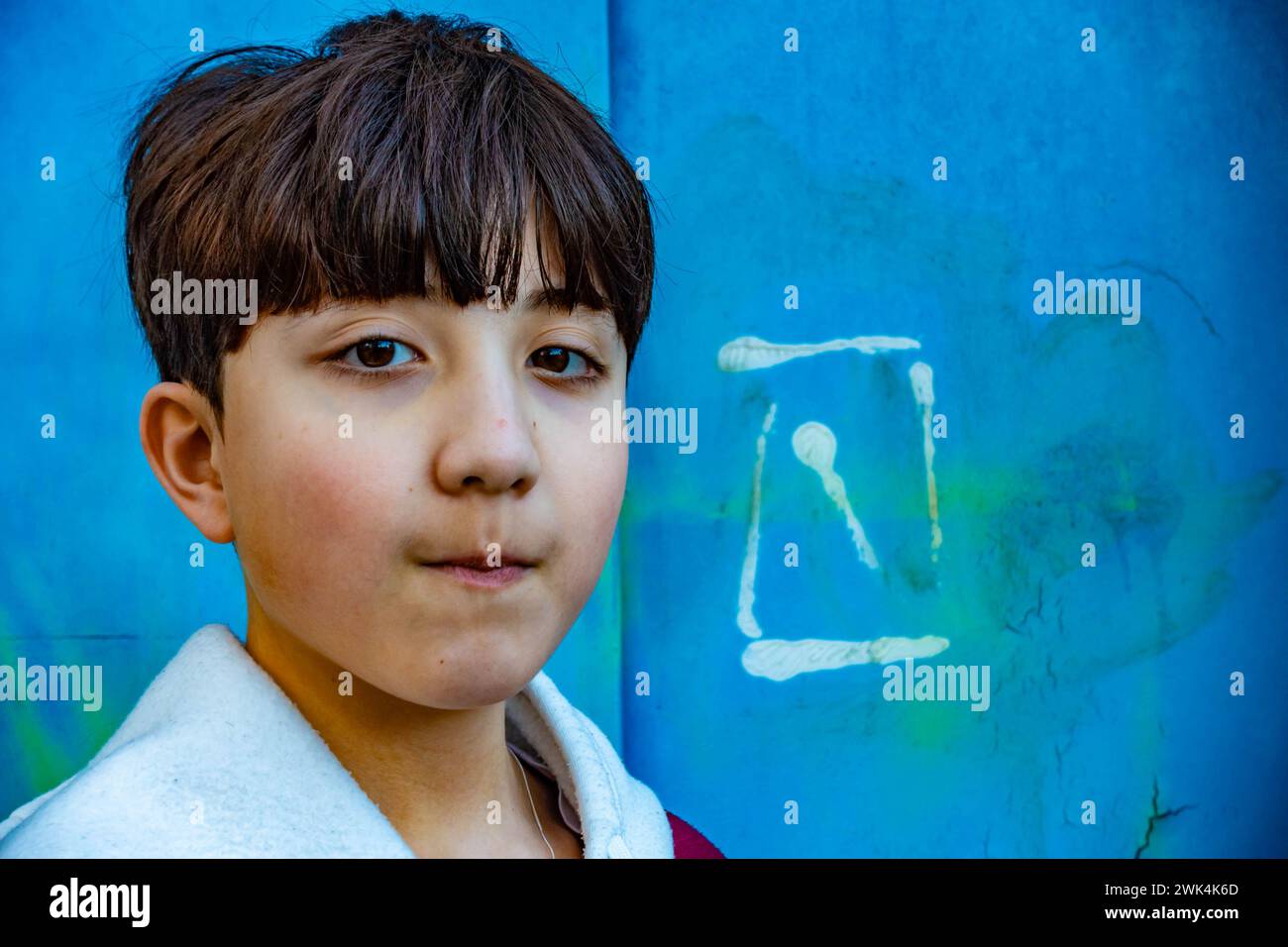 Portrait of a young boy in front of a blue background Stock Photo - Alamy