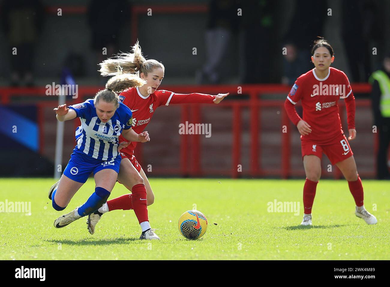 Crawley, UK. 18th Feb, 2024. Missy Bo Kearns of Liverpool Women fouls ...
