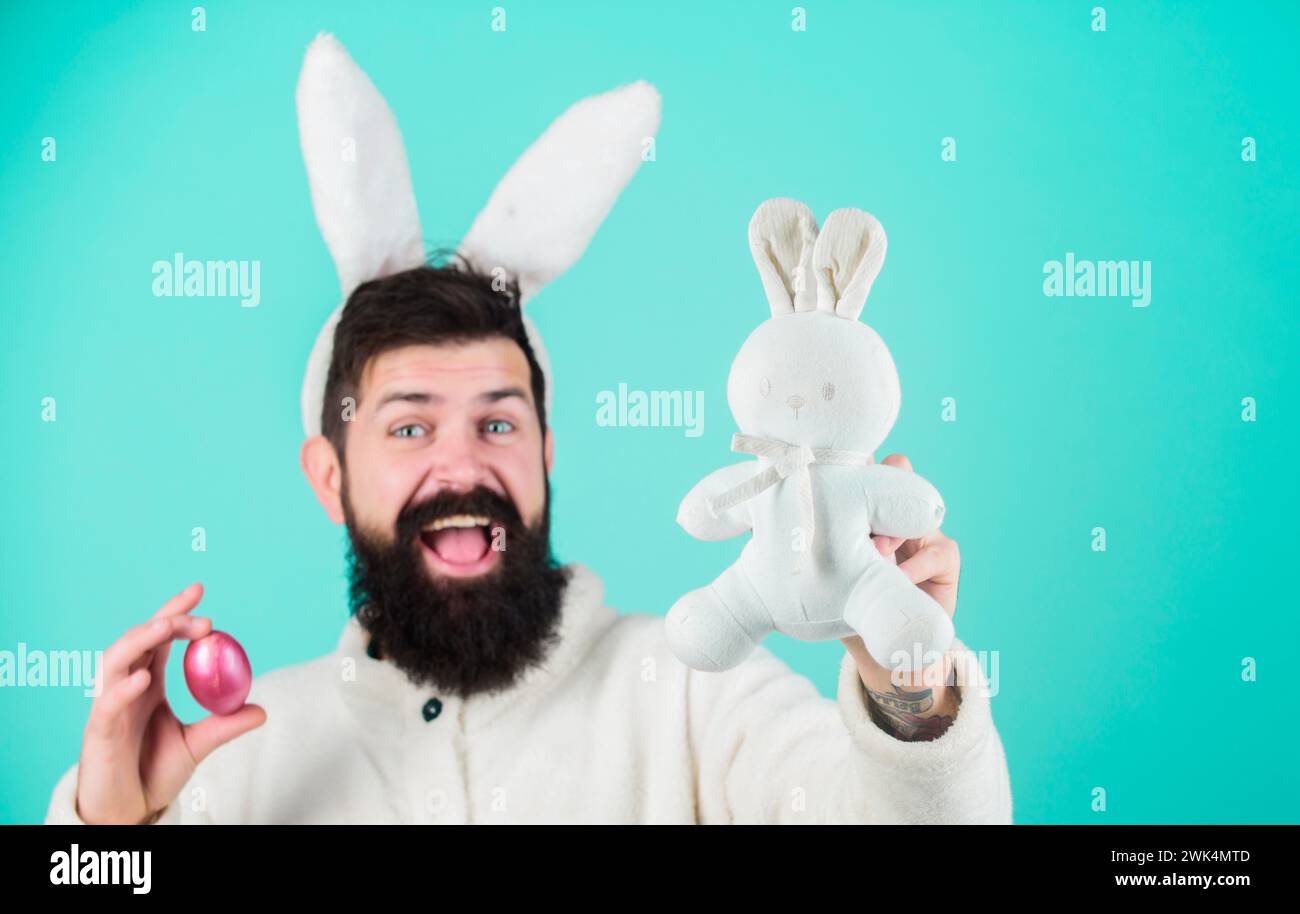 Funny bunny with beard and mustache. Join celebration. Bearded man wear ...