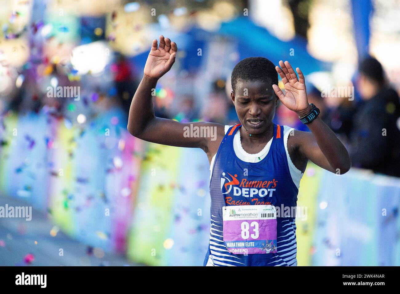 Austin, Texas, USA. February 18, 2024: Damaris Areba (83) takes the win ...