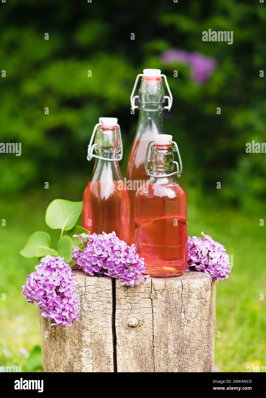 Homemade lilac blossom syrup on an old rustic tree stump in the cottage ...