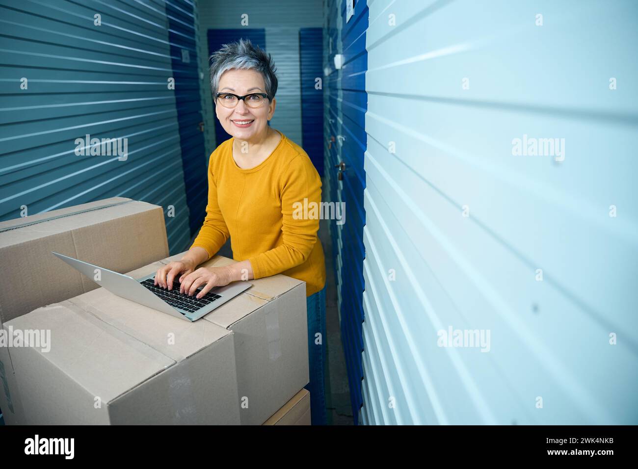 Lady with laptop standing next to cardboard boxes Stock Photo - Alamy