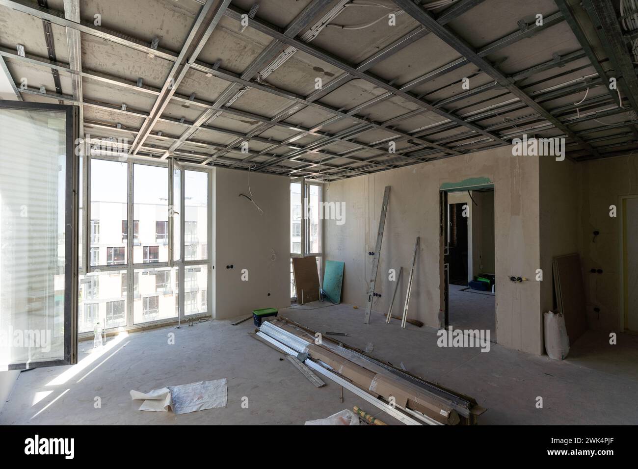 Empty under construction room in home or house with space on site ...