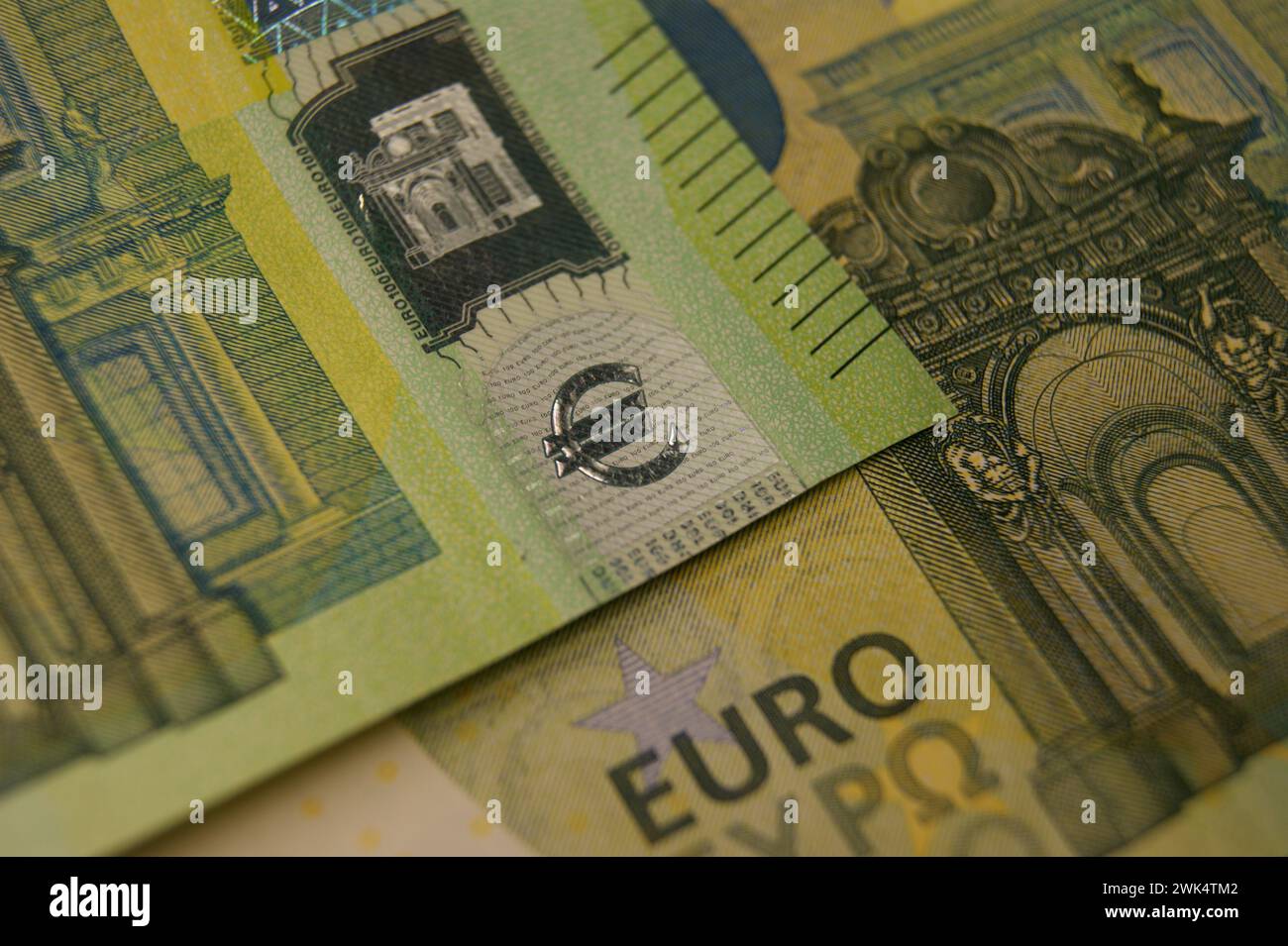 Euro symbol. A fragment of a 100 euro banknotes with a hologram. Euro ...