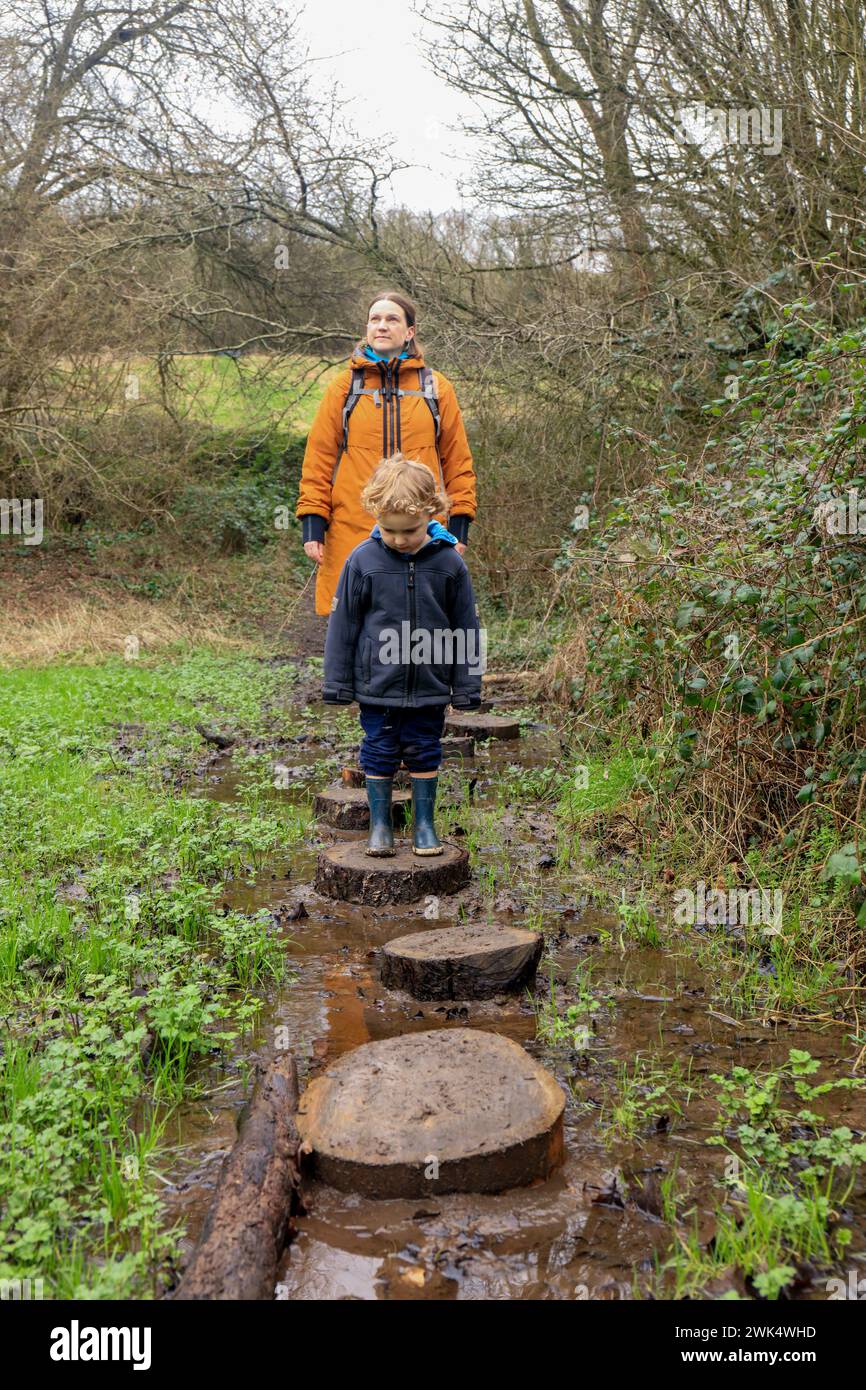 Mother helping her son cross a log path over a pond Stock Photo - Alamy