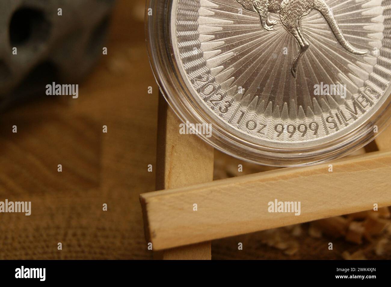 A close-up of a pure silver coin fragment 1 Dollar Australian Kangaroo ...