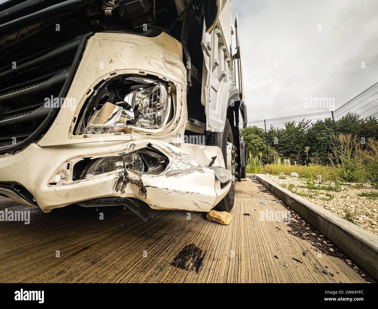 The lorry crashed windshield. Broken truck. Lorry after the accident ...