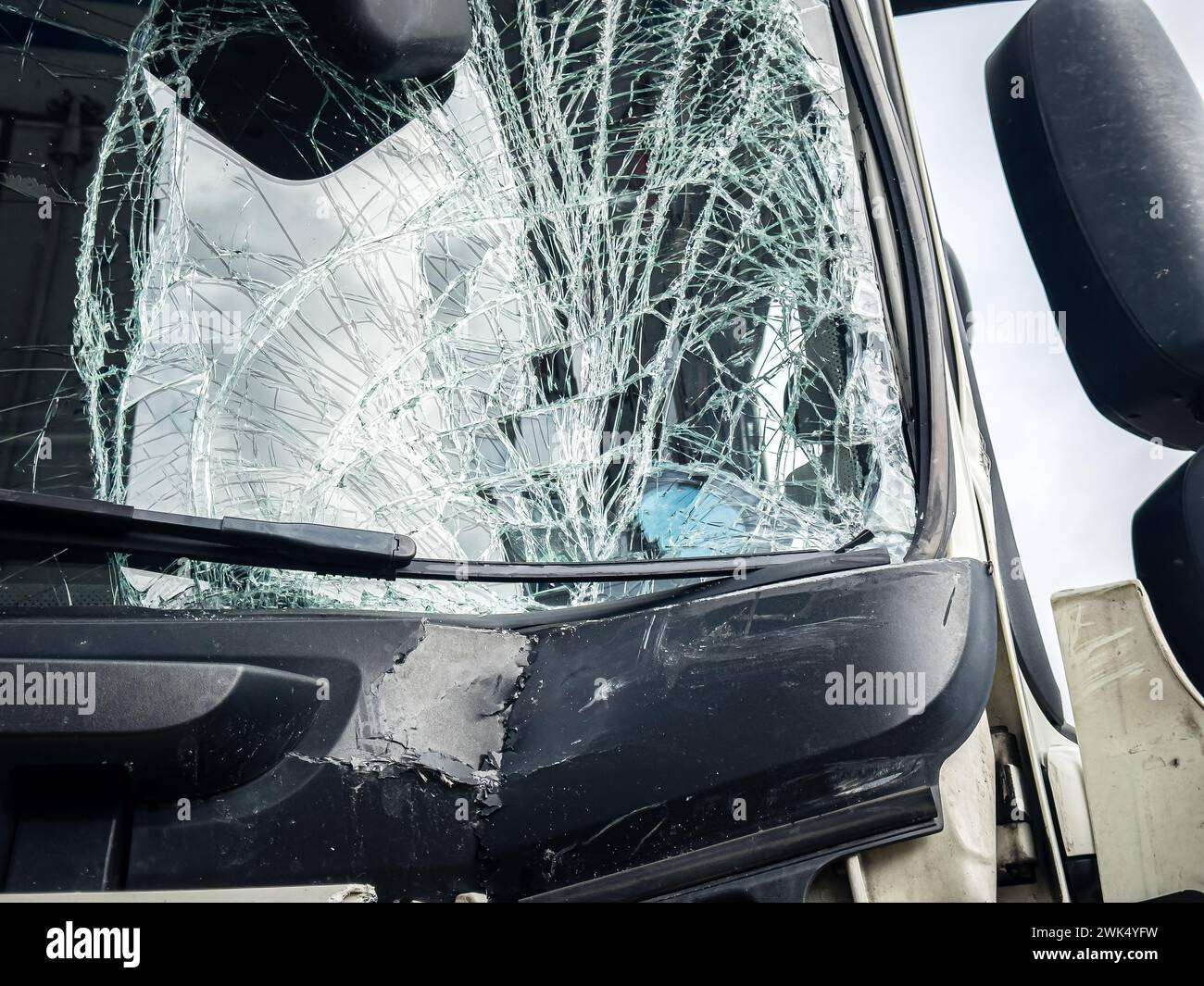 The lorry crashed windshield. Broken truck. Lorry after the accident ...