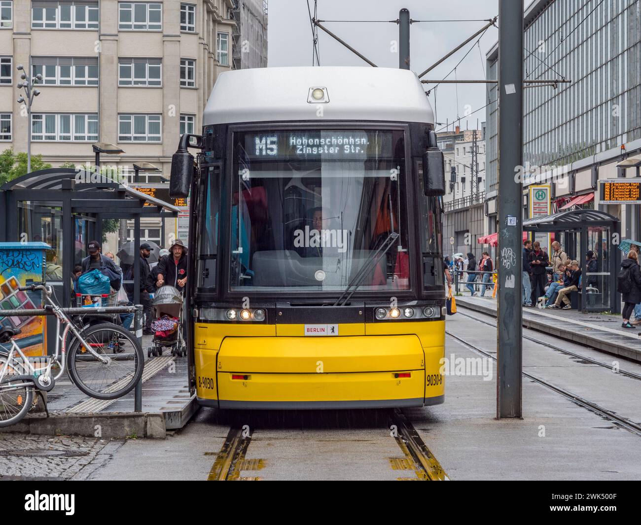 A M5 Metrotram tram (BVG) waiting at a tram stop on Gontardstrasse ...