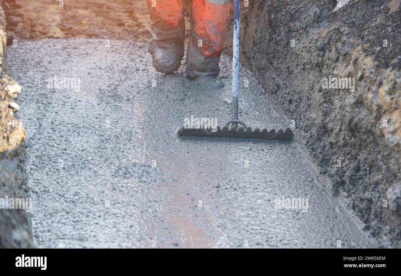 Concrete cast-in-place work. Builder level wet concrete. Concrete works ...