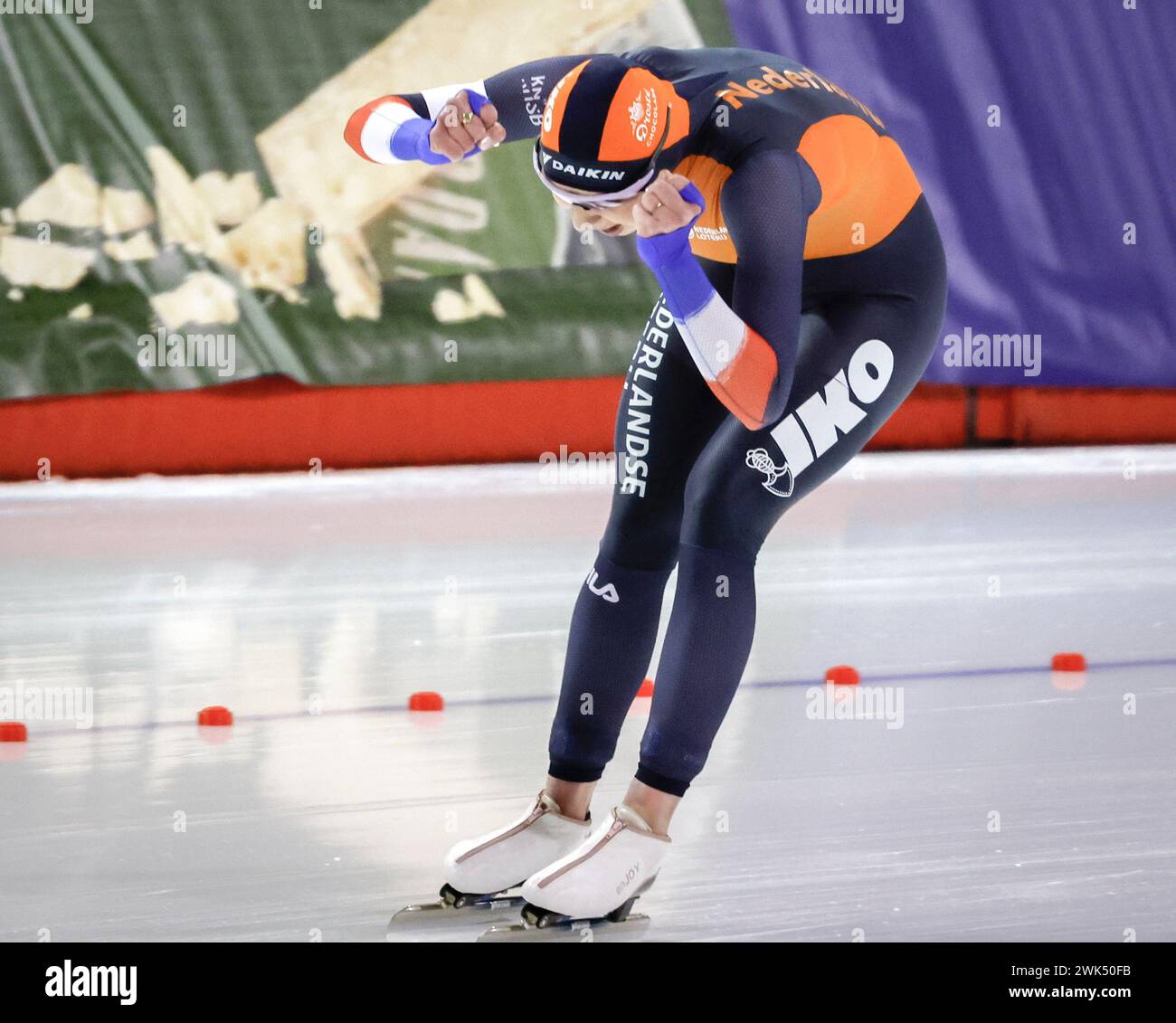 Joy Beune, of the Netherlands, celebrates her victory in the women's ...