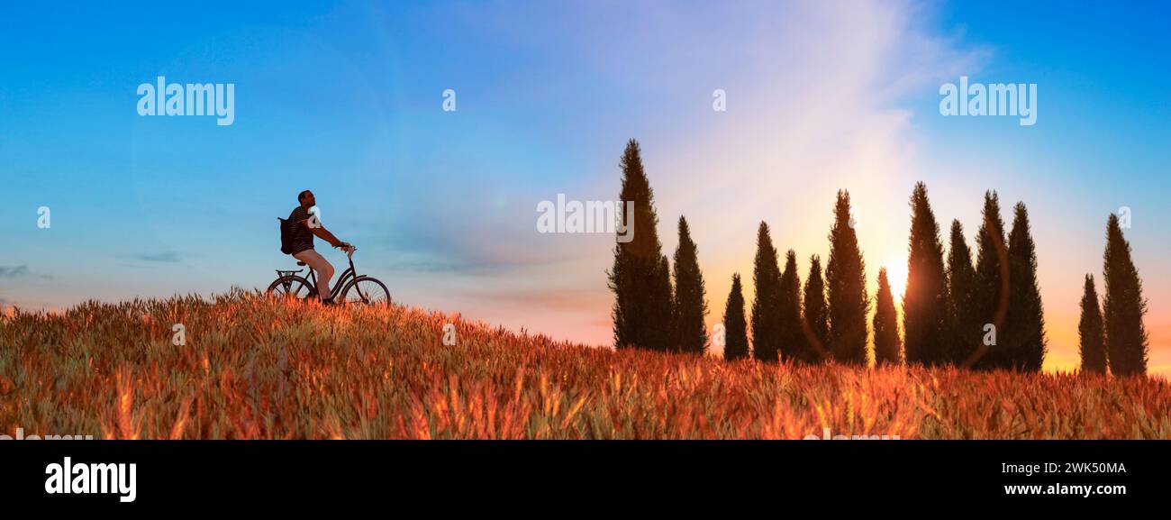 Sunset Ride: Cycling Through the Countryside Under a Radiant Sky Stock ...