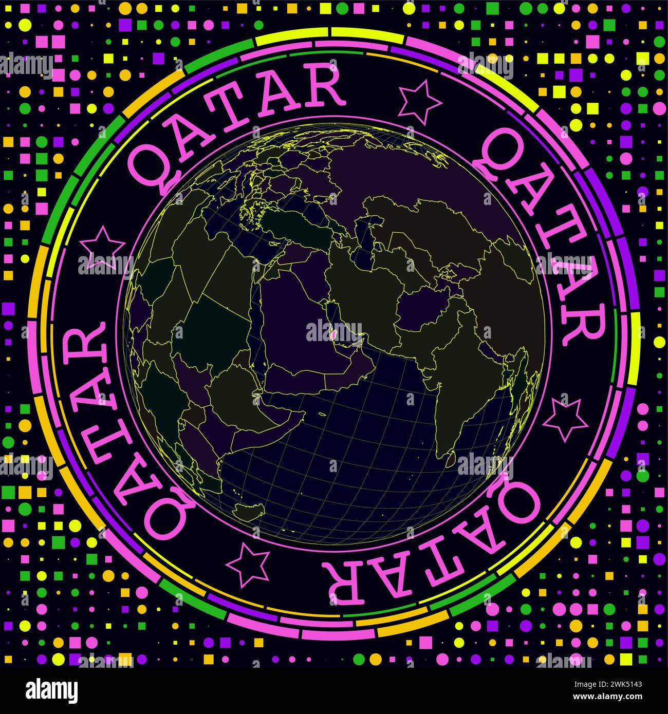 Futuristic Qatar on globe. Bright neon satellite view of the world ...
