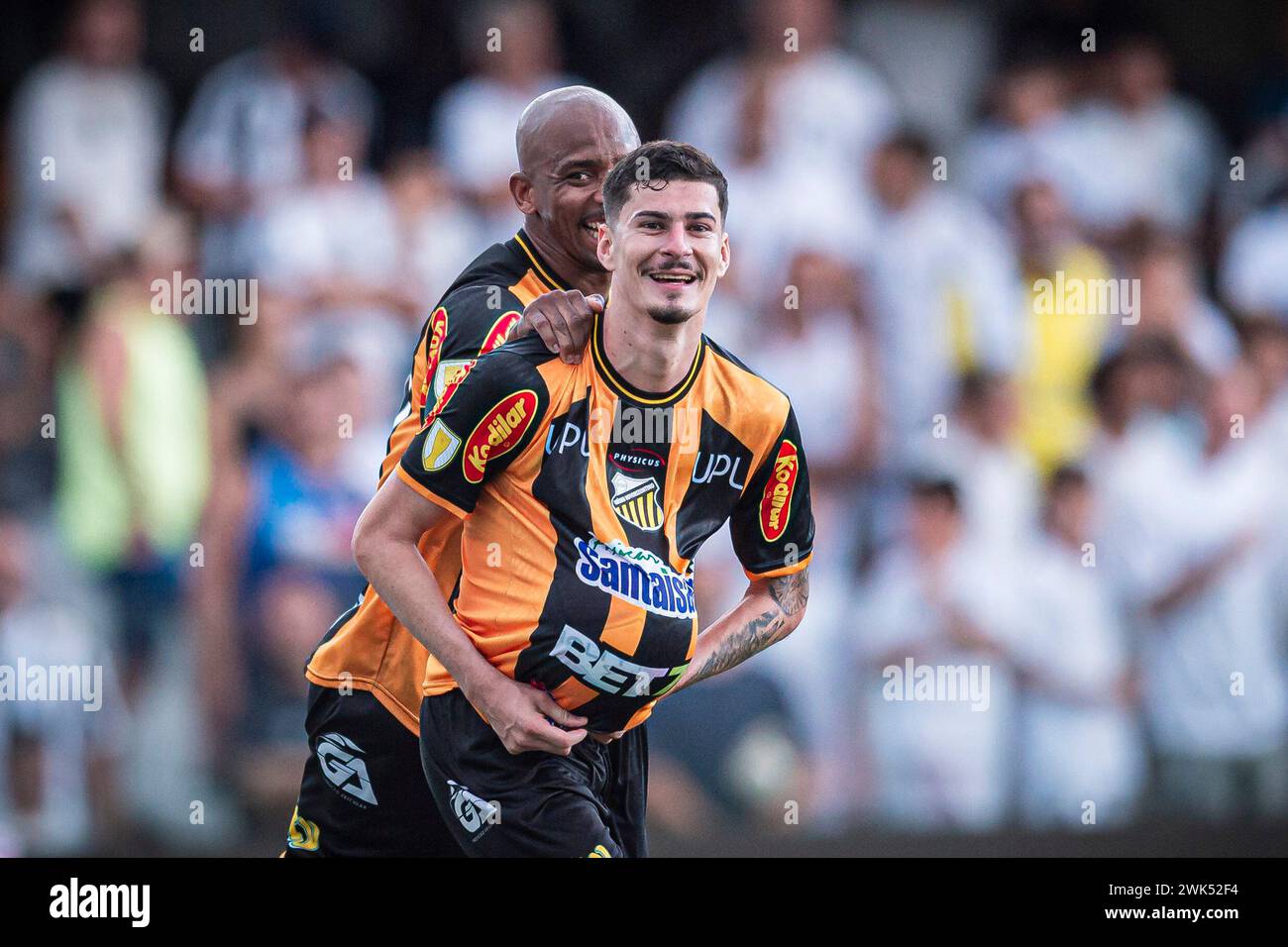 Santos, Brazil. 18th Feb, 2024. Rômulo celebrates his goal during a ...