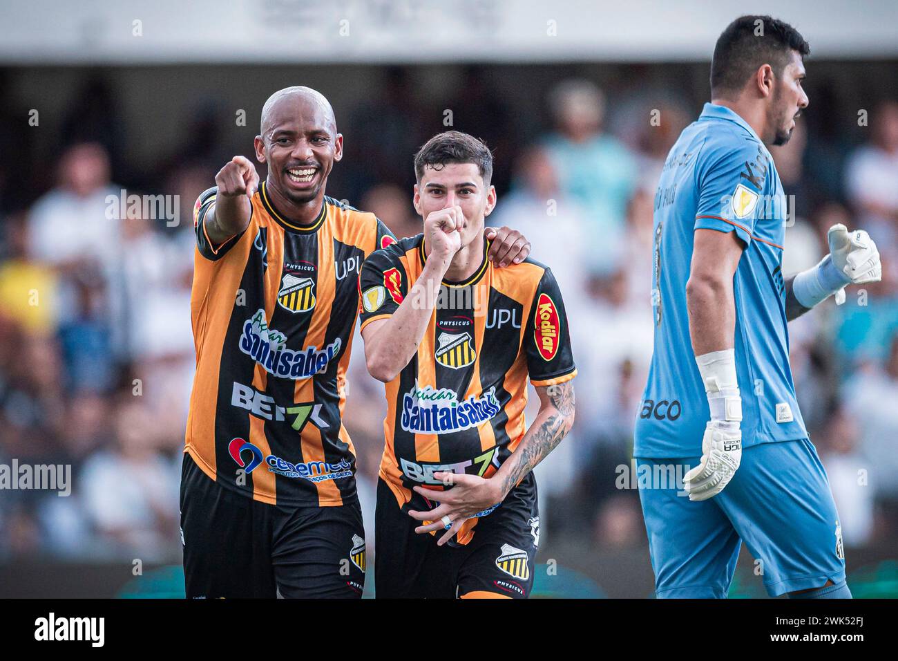 Santos, Brazil. 18th Feb, 2024. Rômulo celebrates his goal during a ...