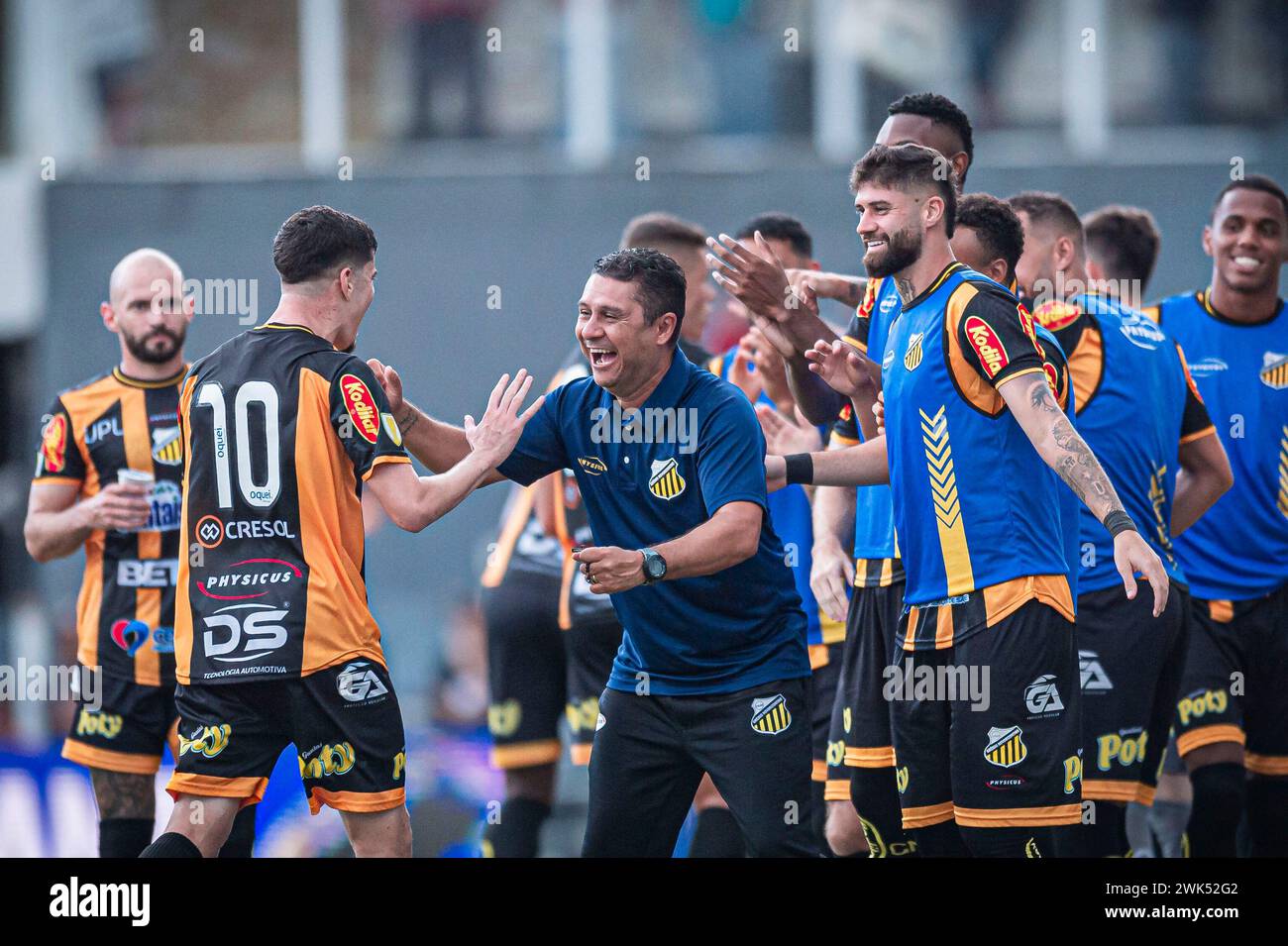 Santos, Brazil. 18th Feb, 2024. Rômulo celebrates his goal during a ...