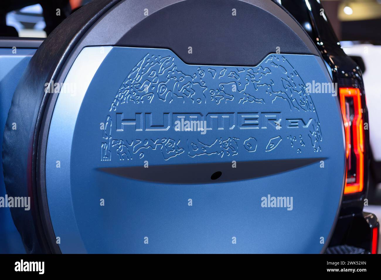 Rear design with a spare wheel in a Hummer EV or Electric Vehicle Stock ...