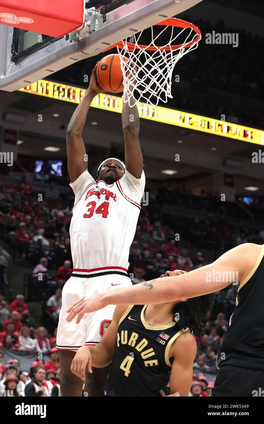 COLUMBUS, OH - FEBRUARY 18: Felix Okpara #34 of the Ohio State Buckeyes ...
