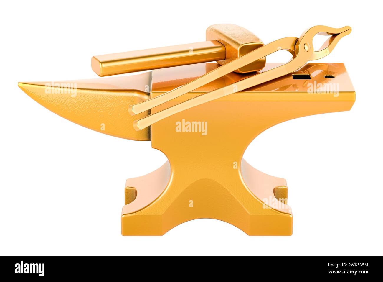 Golden Anvil with Forging Hammer and Blacksmith Tongs, 3D rendering ...