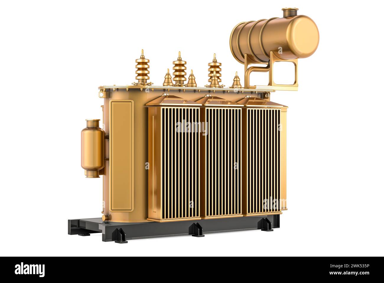 Golden transformer oil, high voltage power transformer. 3D rendering ...