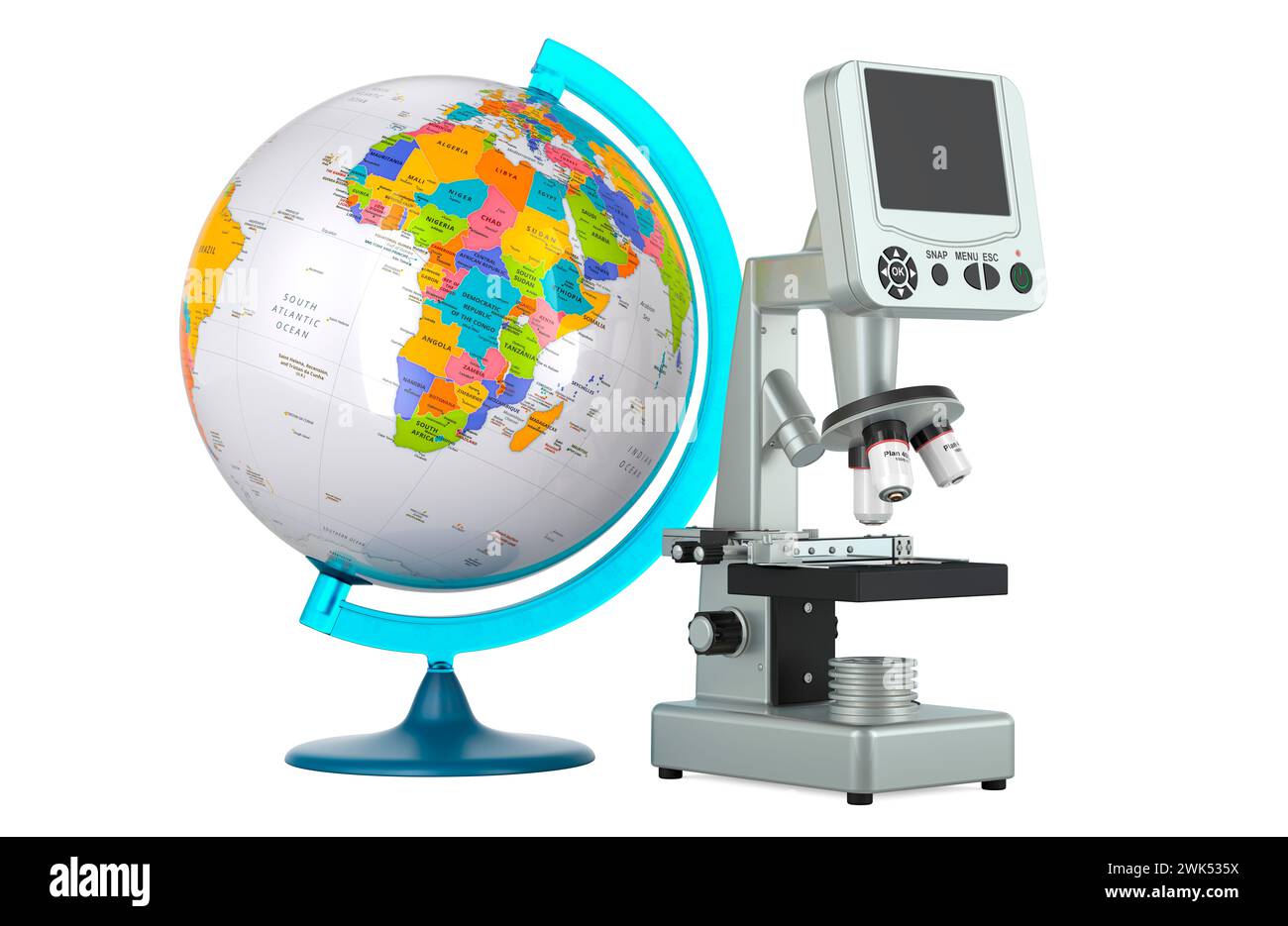 Global research and discovery, concept. Microscope with World Globe. 3D ...