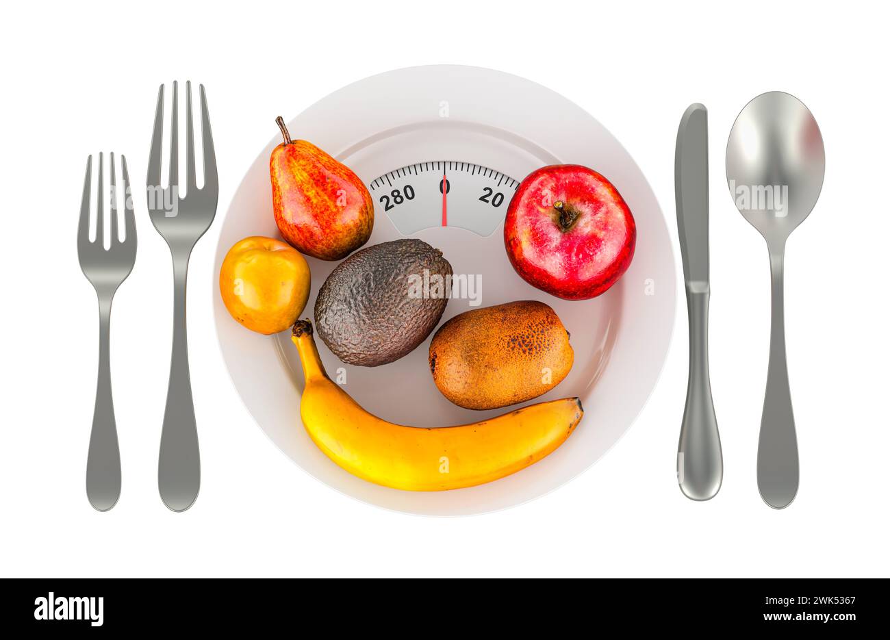 Fruits on the plate with weight scale. Diet meal concept. 3D rendering ...