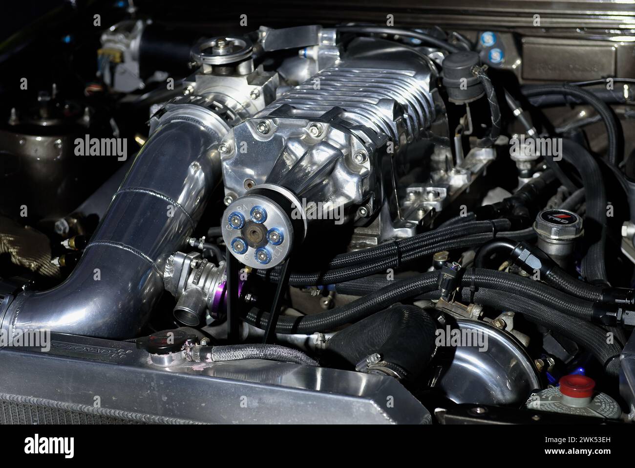 Close-up features of a powerful car engine with custom arrangements ...