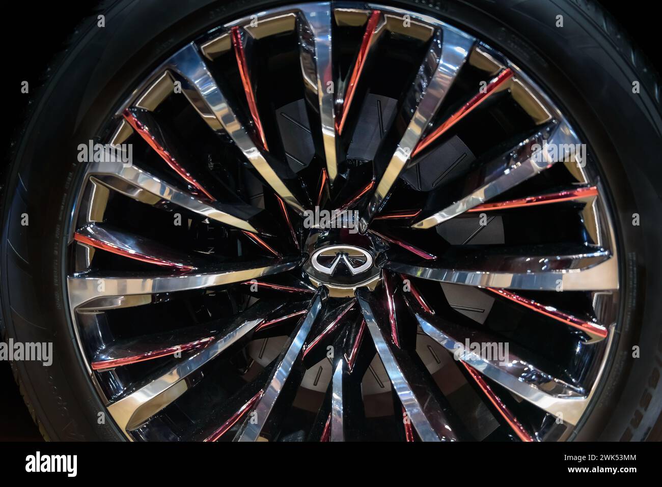 Red and silver design of an Infinity rim, close-up feature Stock Photo ...