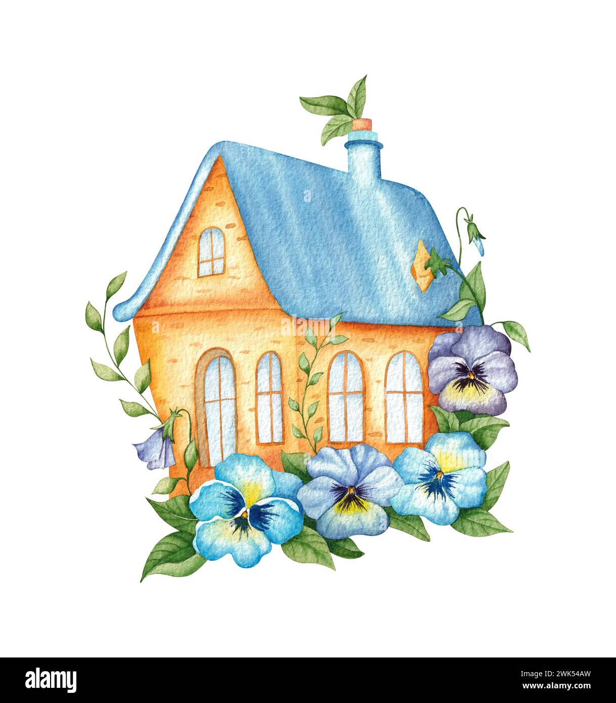 Watercolor cute hand drawn house, decorated with leaves and flowers on ...