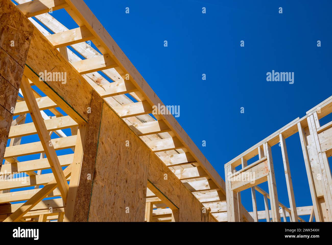 During construction of new house, timber wood frame frames beams Stock ...