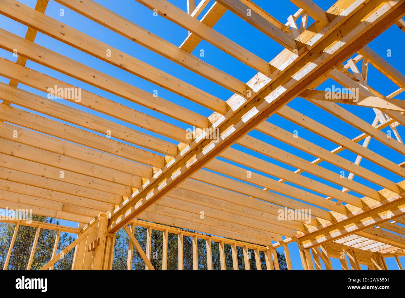 During construction of new house, timber wood stick frame frames beams ...