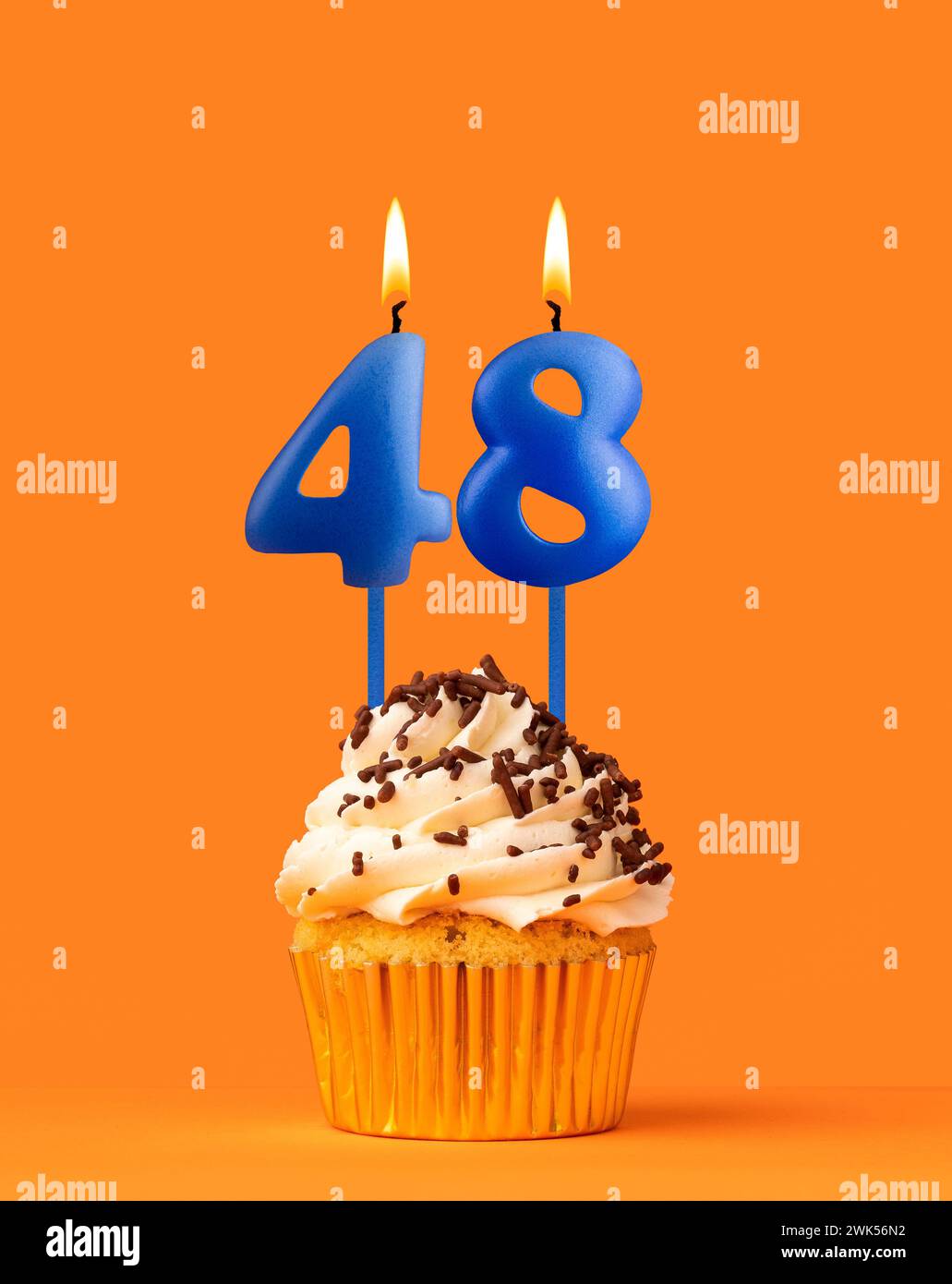 Blue birthday candle and cupcake - Number 48 Stock Photo - Alamy