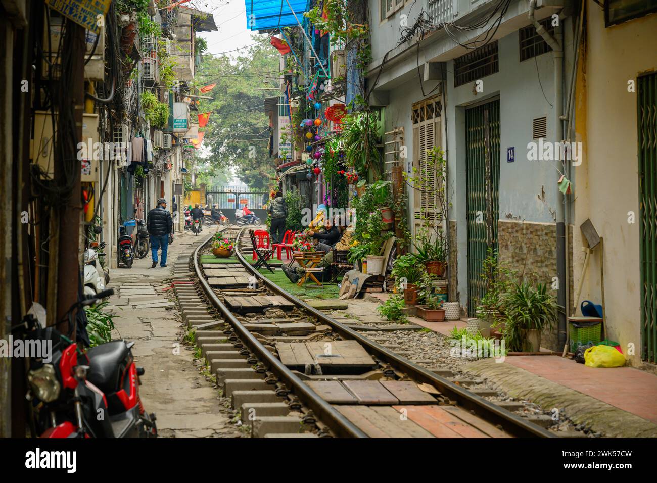 Waiting for a train on Hanoi Train Street, Hanoi, Vietnam Stock Photo ...