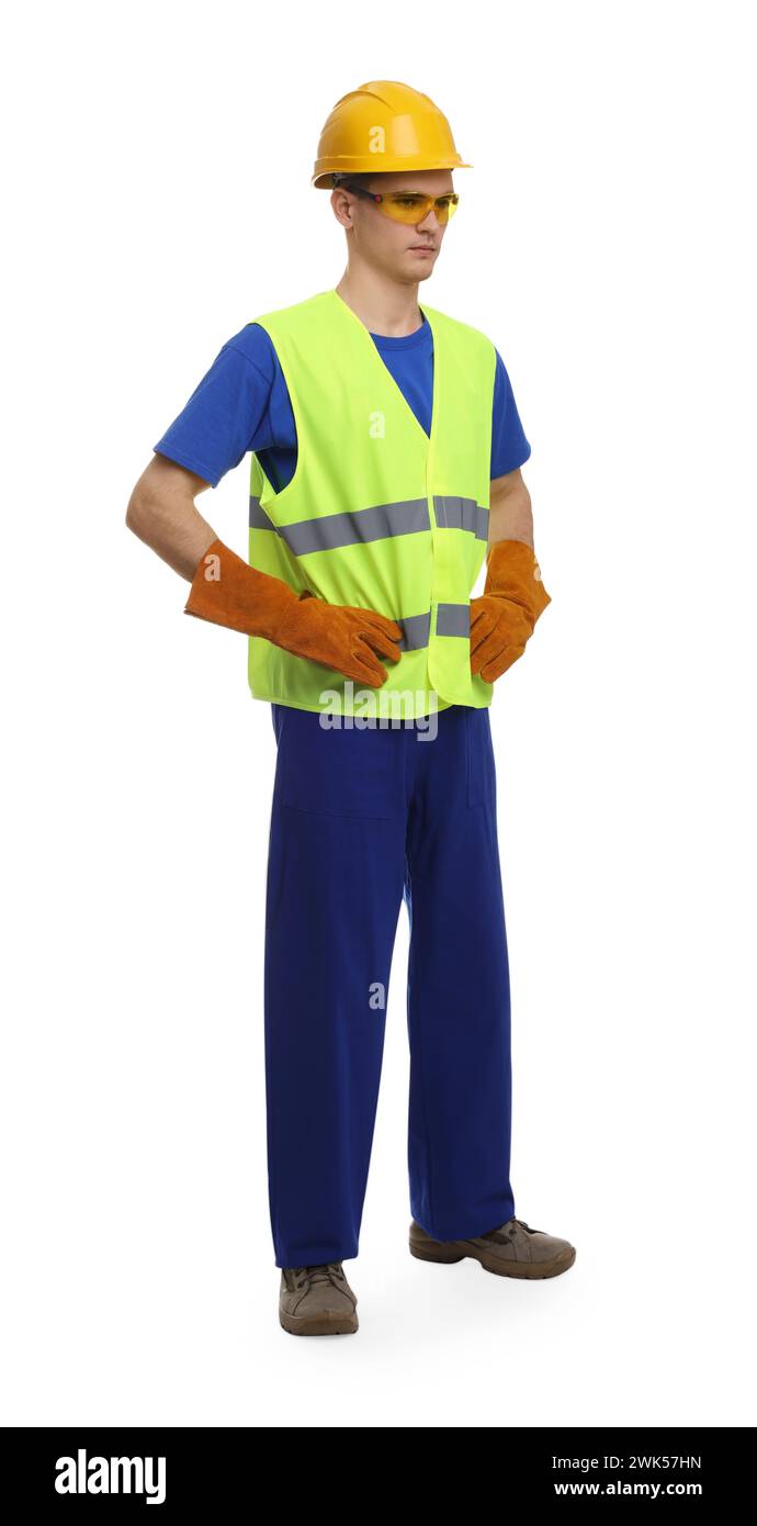Young man wearing safety equipment on white background Stock Photo - Alamy