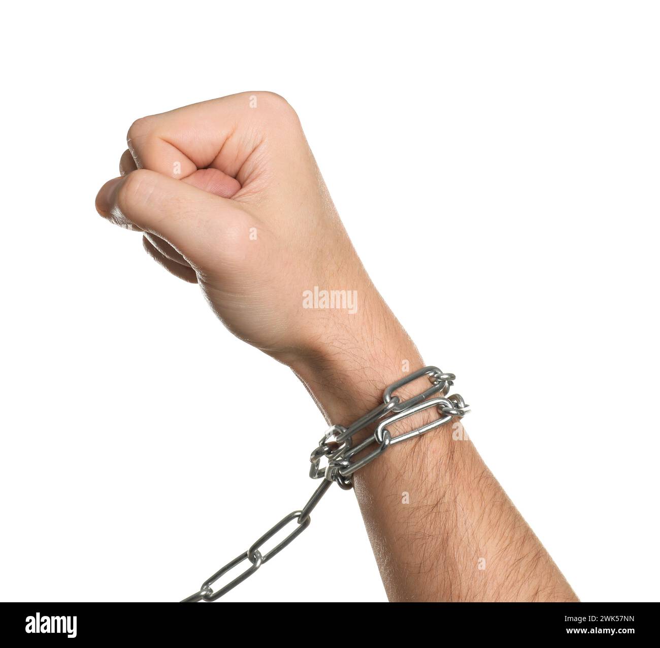 Freedom concept. Man with tied chains on his hand against white ...