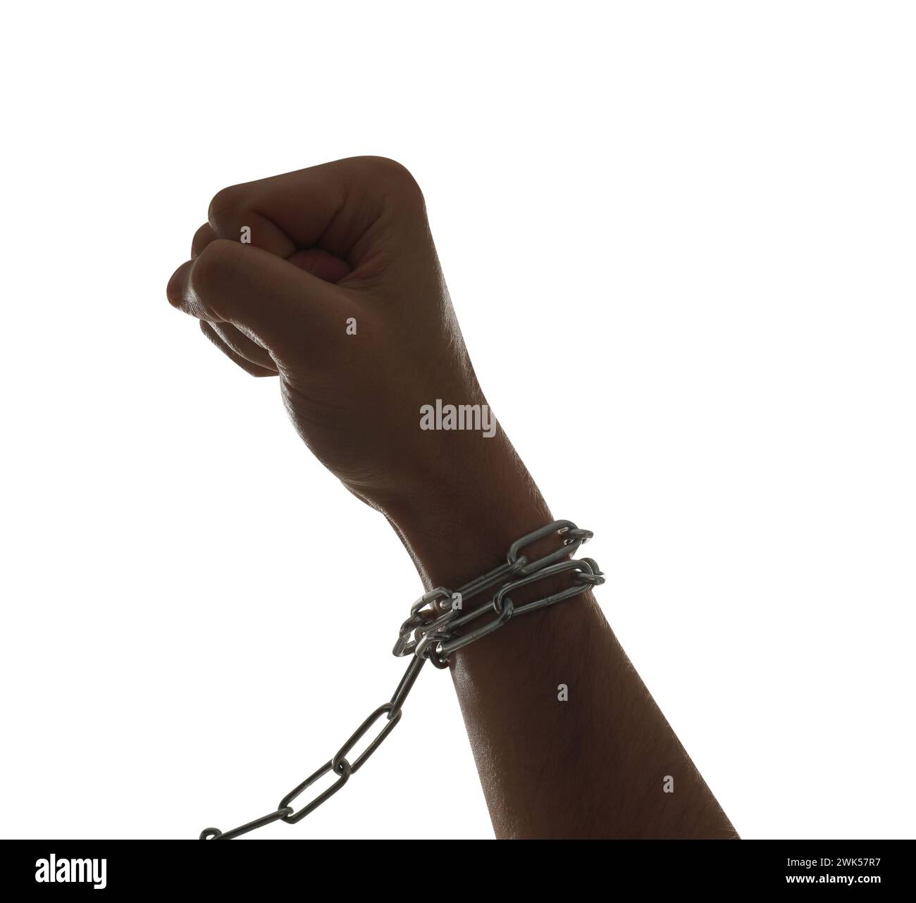 Freedom concept. Man with tied chains on his hand against white ...