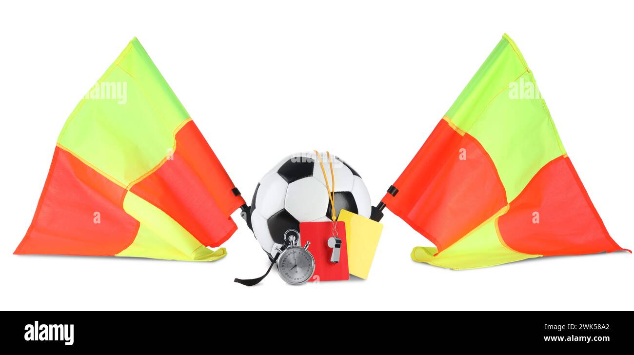 Soccer ball and different referee equipment isolated on white Stock ...
