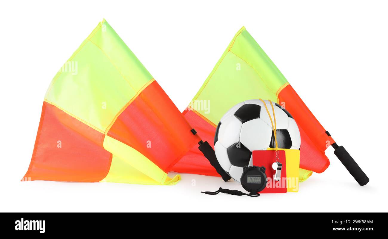 Soccer ball and different referee equipment isolated on white Stock ...