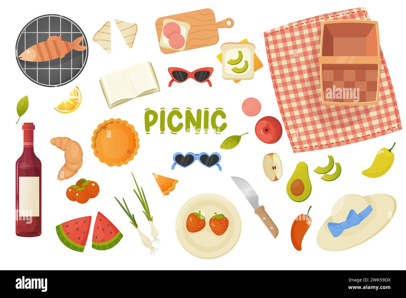 picnic set, vector elements in cute cartoon style. Food, tablecloth ...