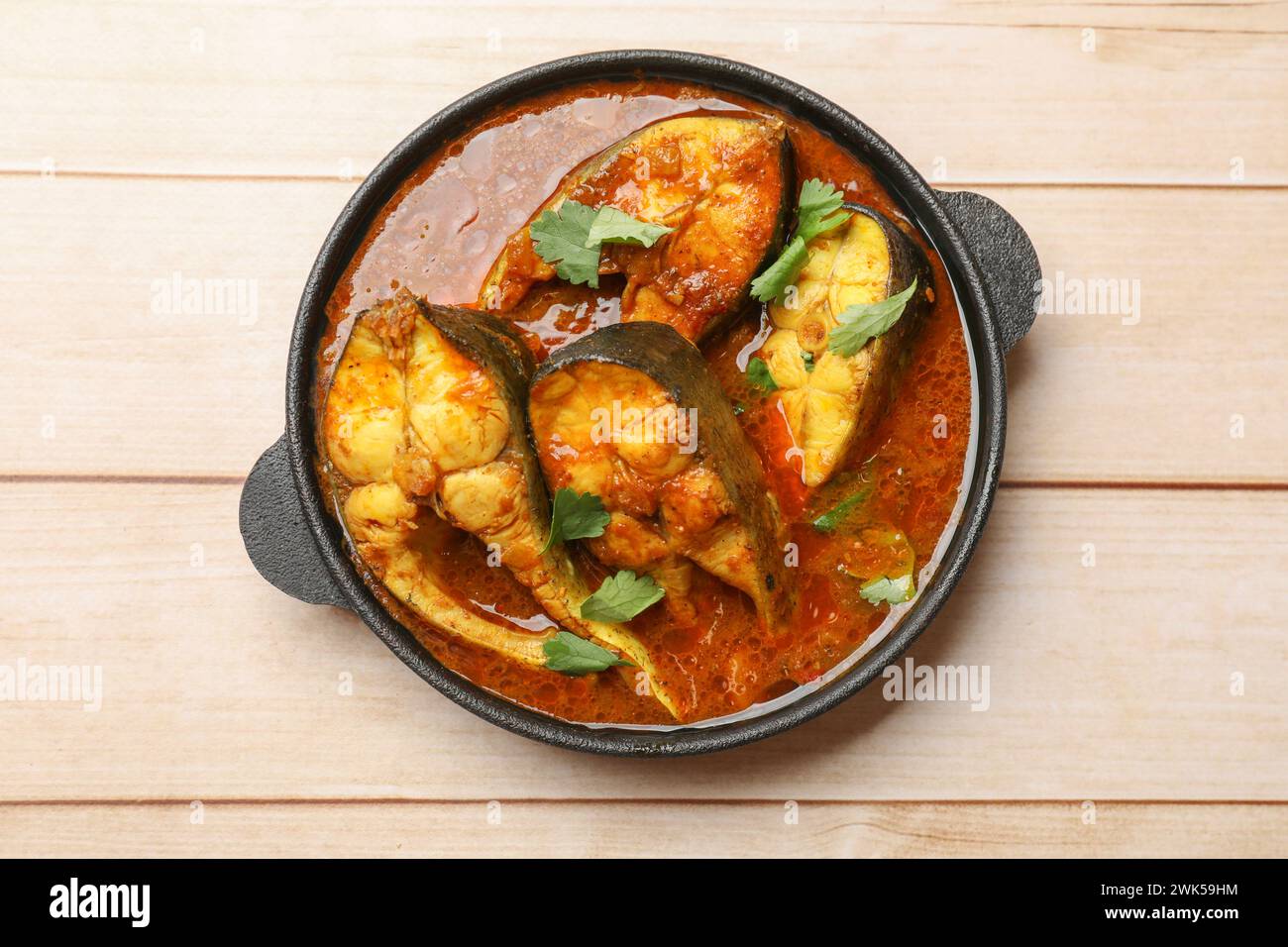 Tasty fish curry on white wooden table, top view. Indian cuisine Stock ...