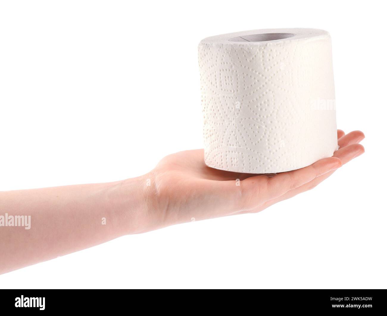 Woman holding toilet paper roll on white background, closeup Stock ...