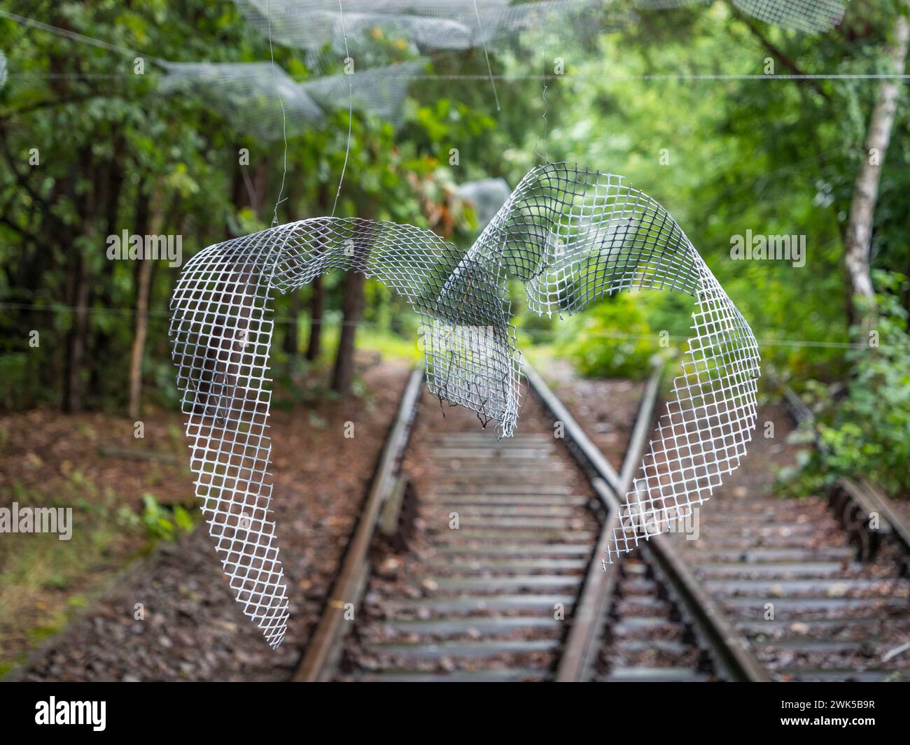 Flying birds memorial above the tracks at the Platform 17 Memorial, a ...