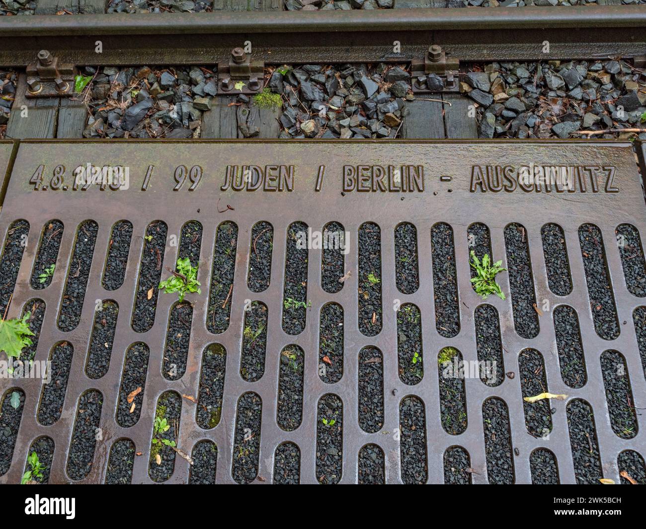 A cast iron plate showing for a 1941 deportation train to Auschwitz, Platform 17 Memorial, a ...