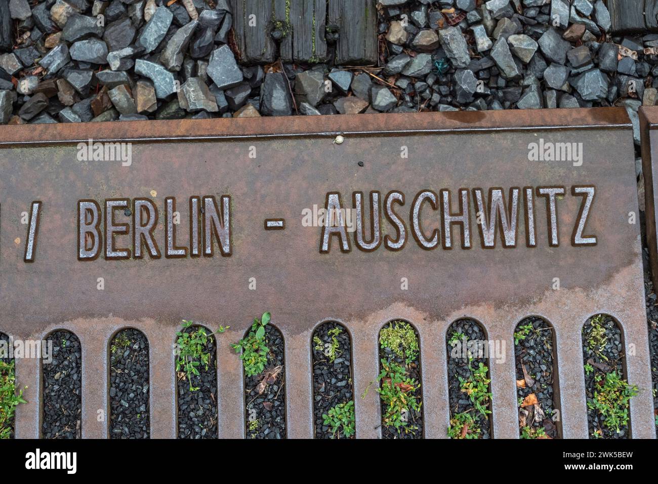 A cast iron plate showing for a 1941 deportation train to Auschwitz ...