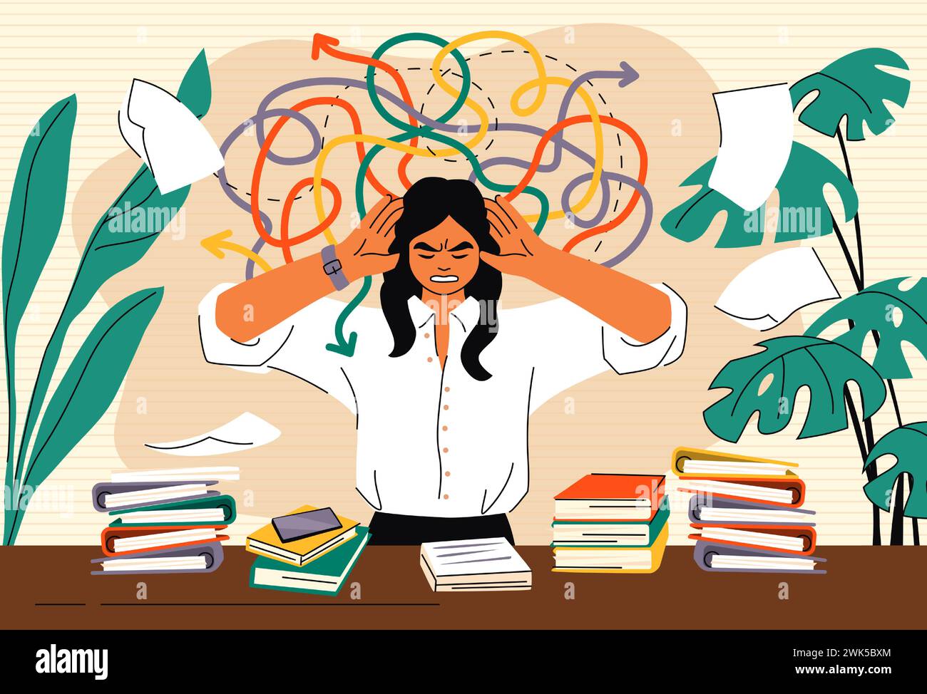 Woman trouble. Thoughts focus solutions of female work. Tired by headache and pressure. Anxiety ...