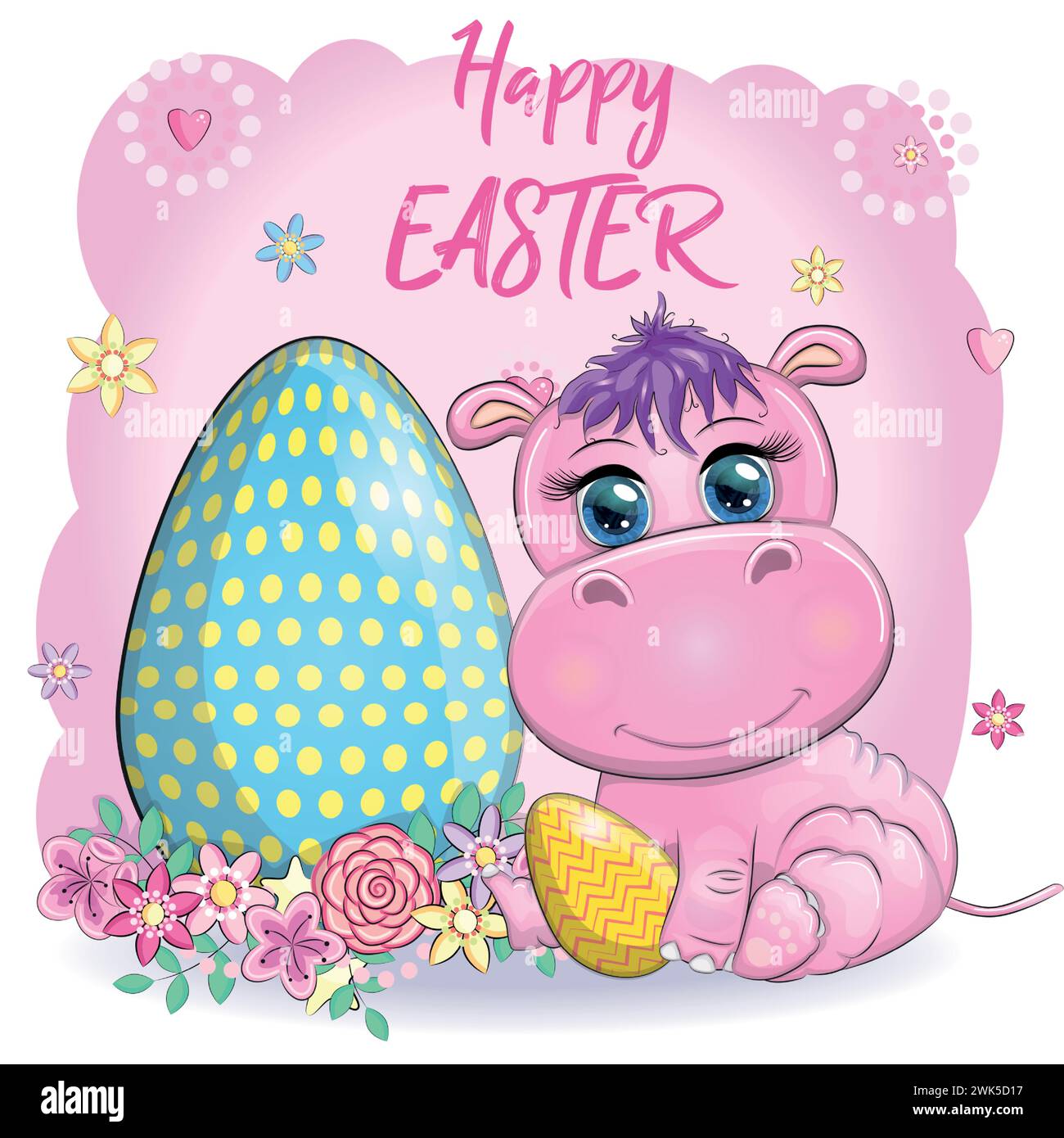 Cute cartoon hippo with Easter egg, Easter card Stock Vector Image ...