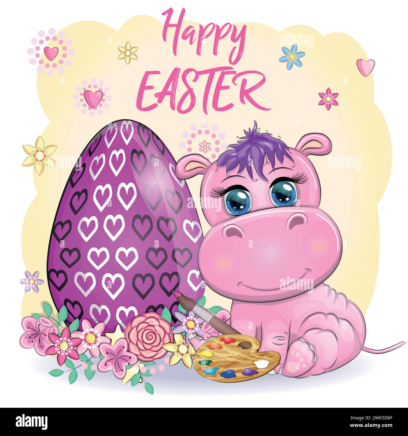 Cute cartoon hippo with Easter egg, Easter card Stock Vector Image ...